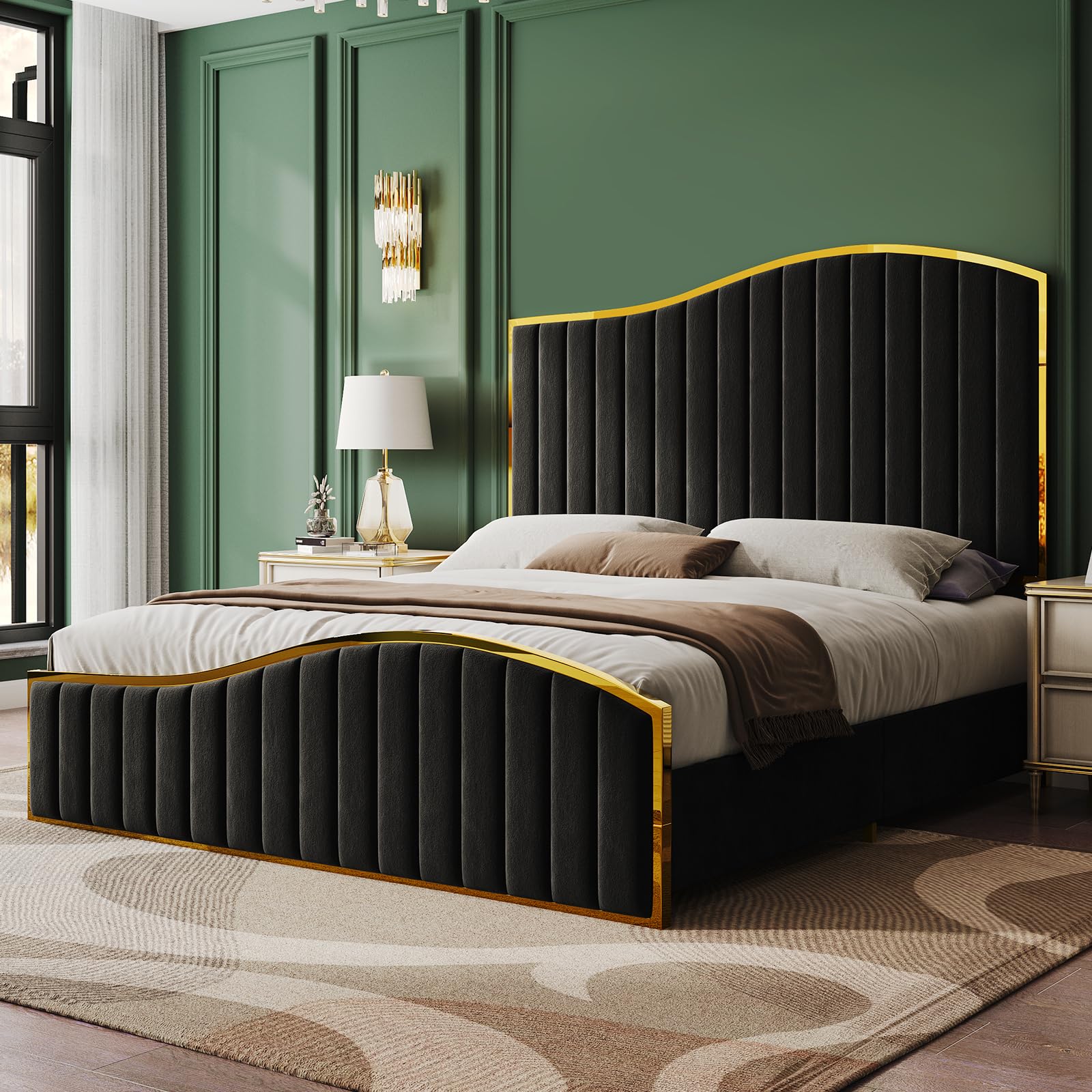 AMERLIFE Queen Size Bed Frame, 61.4" High Headboard Platform Bed Velvet Upholstered with Gold Trim & Footboard/Wooden Slats/No Box Spring Required/Black