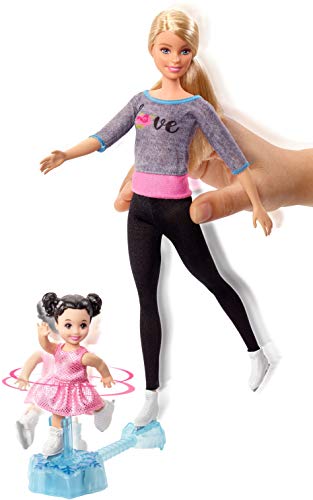 Barbie Ice-Skating Dolls & Playset with Blonde Coach Barbie Doll, Brunette Small Doll and Ice-Skating Base with Turning Mechanism, Gift for 3 to 7 Year Olds