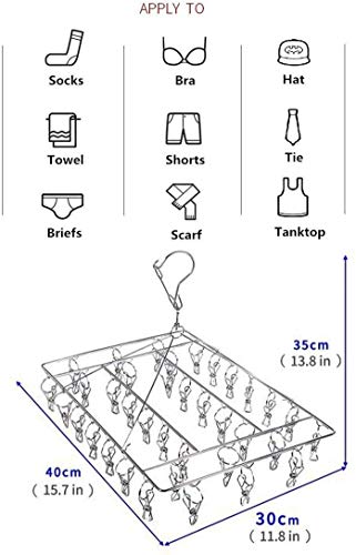 Stainless Steel Sock Drying Rack with 36 Clips, Swivel Hook Wind-Proof Clothes Hanger Rack for Sock, Bras, Underwear, Laundry Accessories