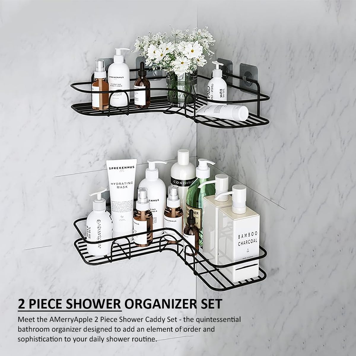 AMerryApple - Shower Caddy-2 Pack | Shower Shelf for Inside Shower | Shower Organizer Corner | Strong Adhesive Shower Shelves | Large Storage Capacity - Corner Shower Caddy