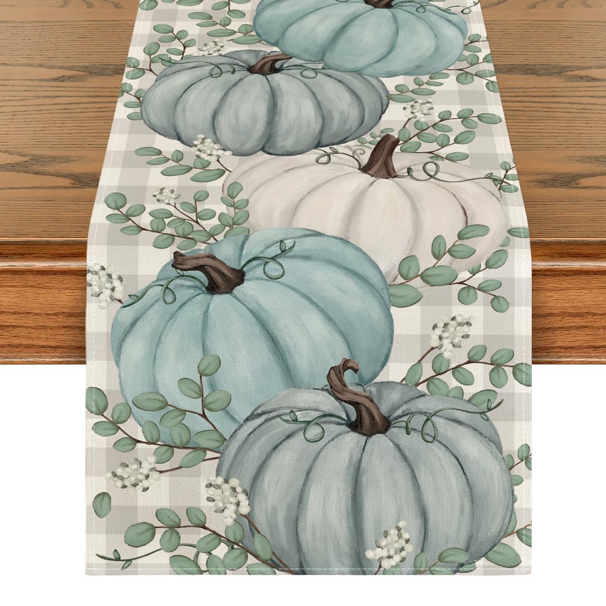 Artoid Mode Buffalo Plaid Pumpkins Leaves Eucalyptus Fall Table Runner, Autumn Thanksgiving Kitchen Dining Table Decoration for Home Party Decor 13x72 Inch