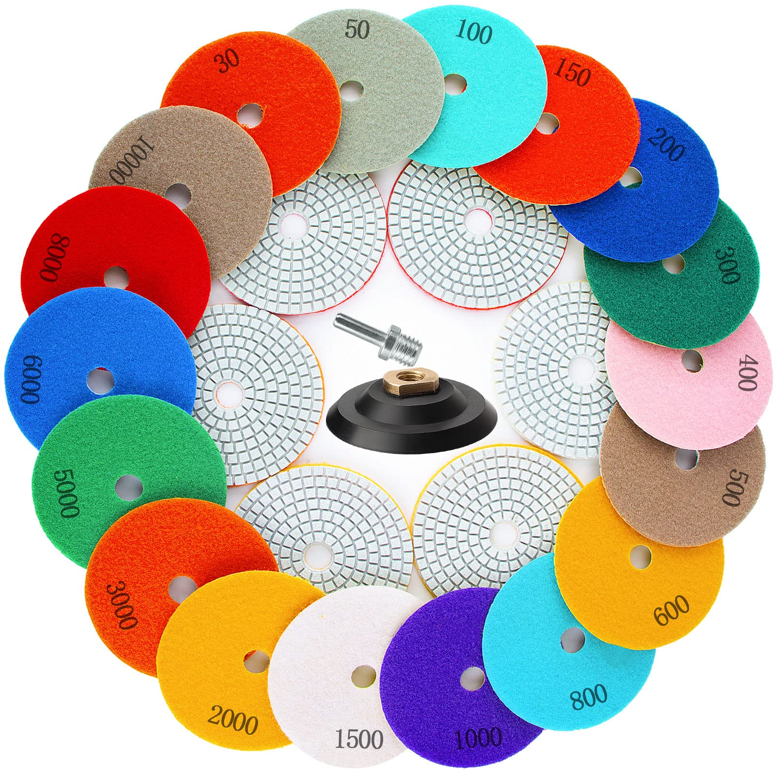 AMZKONIG 20 Pack 4 Inch Diamond Polishing Pads with 5/8ââ-11 Backer Pad, 18PCS Wet/Dry Polish Pad Kit for Drill Grinder Polisher, 30-10000 Grit Polishing Pad for Granite Marble Concrete Stone Quartz