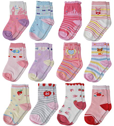 LAISOR 12 Pairs Assorted Non-Skid Ankle Cotton Socks with Grip For Kids Toddlers Baby Girls