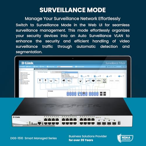 D-Link 20-Port Gigabit Stackable Smart Managed Switch 10G Uplinks | 16 Gigabit + 2 10GbE SFP+ and 2 SFP Ports| L2+/L3 Lite |VLANs |Web Managed |Surveillance Mode| NDAA Compliant (DGS-1510-20)