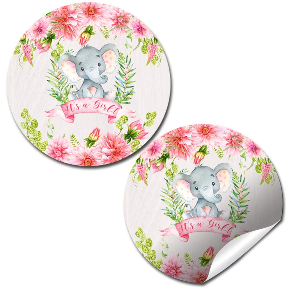Watercolor Dahlia Floral Elephant-Themed Baby Sprinkle Baby Shower for Girls Thank You Sticker Labels, 40 2" Party Circle Stickers by AmandaCreation, Great for Party Favors, Envelope Seals & Goodie Ba
