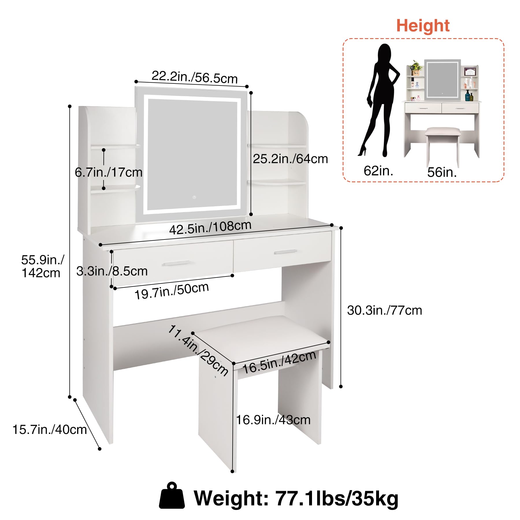 AKVOMBI Corner Vanity Desk with Lighted Mirror, Makeup Vanity with 5 Rotating Drawers, Dressing Table and Chair,3-Fold Mirror, Adjustable Brightness, White 43β L
