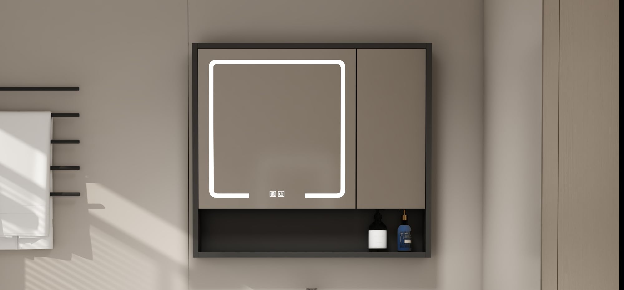 AmpleCharmic 24'' Medicine Cabinet Mirror, Barhroom Medicine Cabinet with LED Light, 3-Color, Dimmer, Defogger, Greywalnut