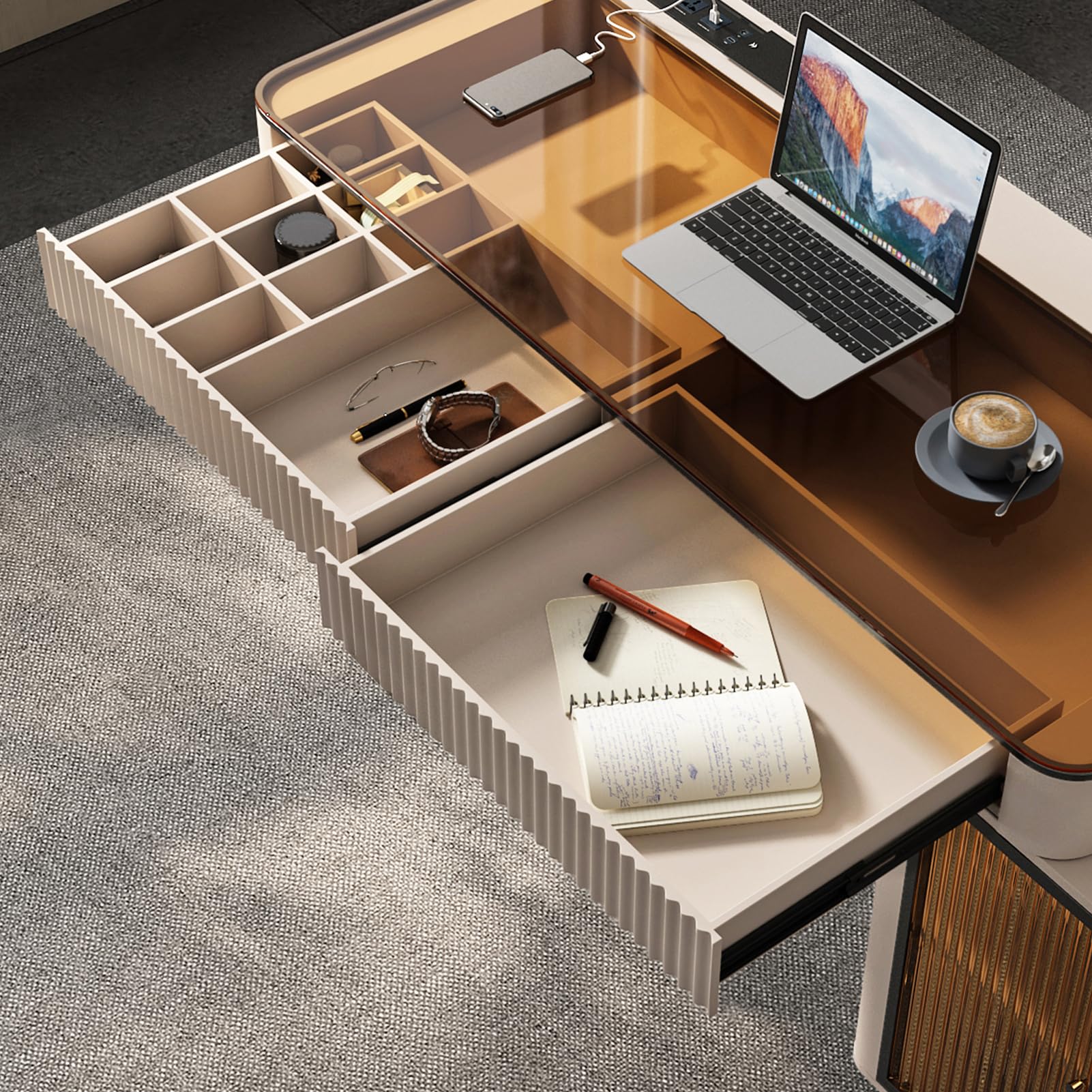 Lartis Office Desk, Very Easy to Assemble,Computer Desk, Home Telescopic Writing Desk, Storage Cabinet Retractable Corner, Built-in LED Lights, Five Large Storage Drawers, compartmentalized Storage