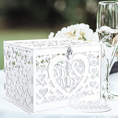 Ywlake Wedding Money Box Holder with Sign, Large Rustic Wood Wooden DIY Envelope Gift Post Card Boxes with Lock Slot for Reception Anniversary Graduation Birthday Party Parties (Mr & Mrs, White)
