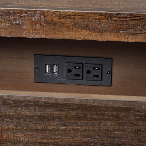 Karl home Farmhouse Nightstand with Charging Station, Solid Pine Wood 3 Drawer Night Stands for Bedroom, Bedside Table with 2 USB Ports & 2 AC Outlets, Vintage End Tables, Brown