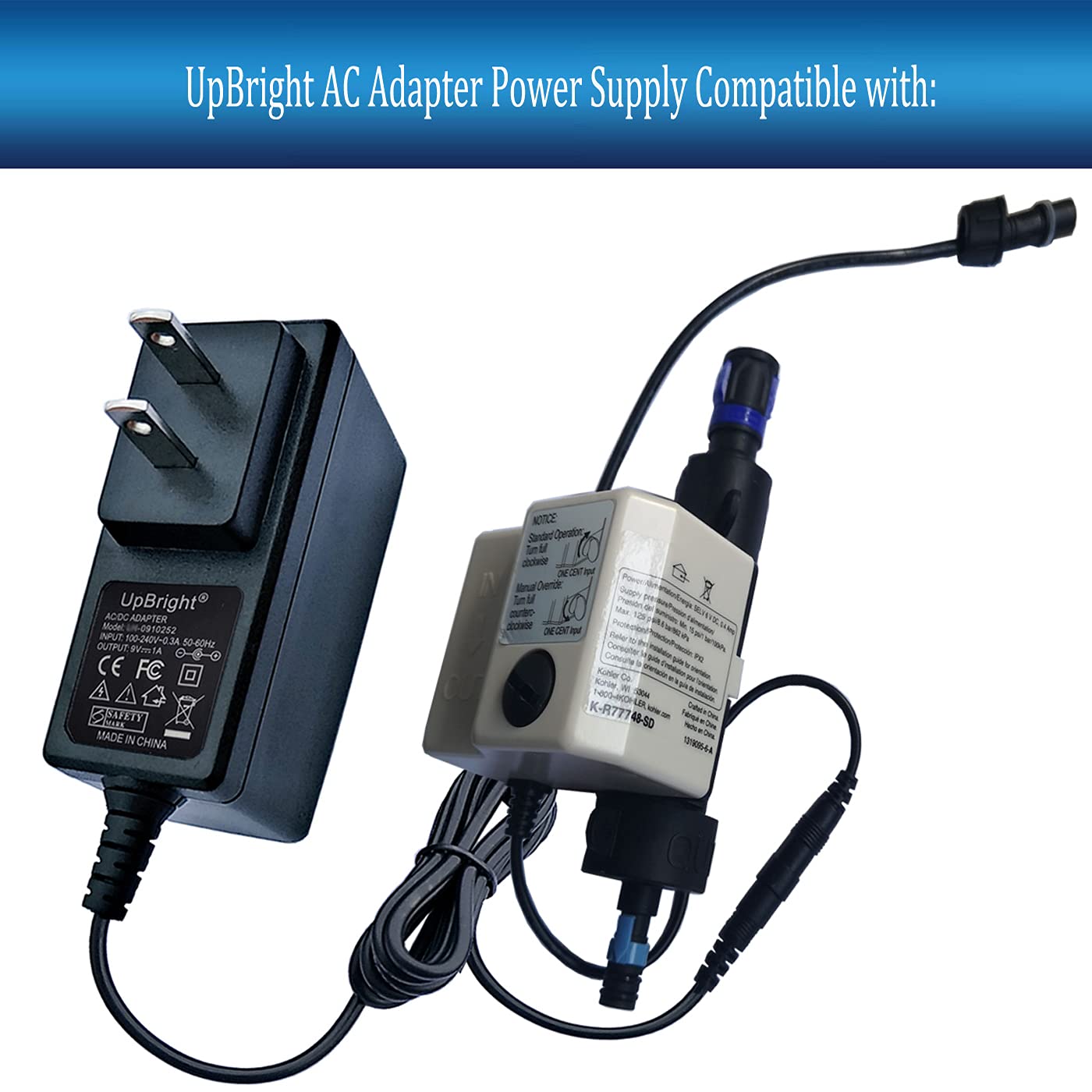 UpBright 9V AC/DC Adapter Compatible with Kohler Malleco Touchless R77748 K-R77748-SD VS K-R77748 K-R31498-NA K-R31498 Electronic Kitchen Sink Faucet for 1.5V x 6 AA Batteries Pack 9VDC Power Supply