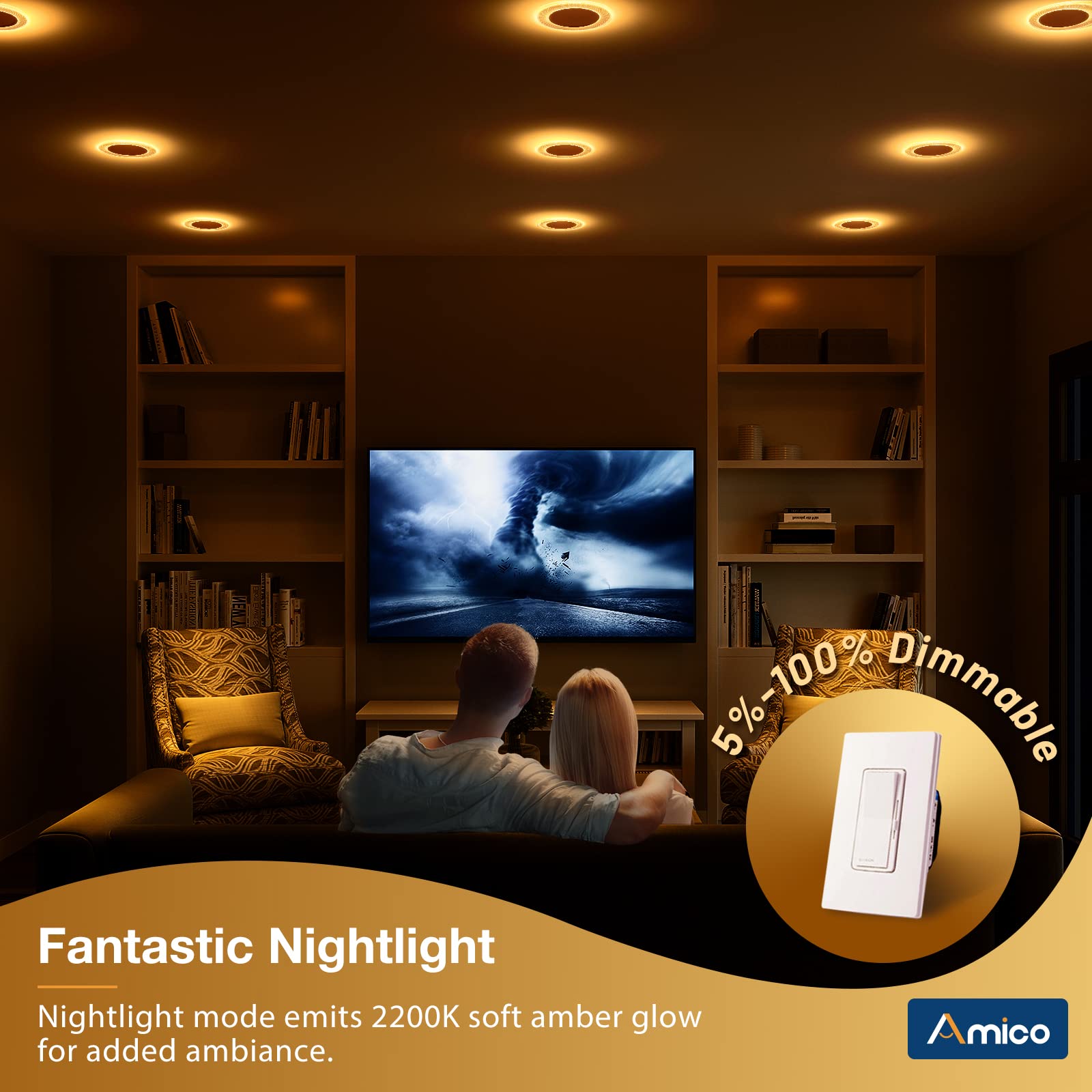 Amico 12 Pack 6 Inch 5CCT LED Recessed Ceiling Light with Night Light, 2700K/3000K/4000K/5000K/6500K Selectable Recessed Lighting, 12W=110W, 1000LM, Dimmable Canless Wafer Downlight - ETL & FCC
