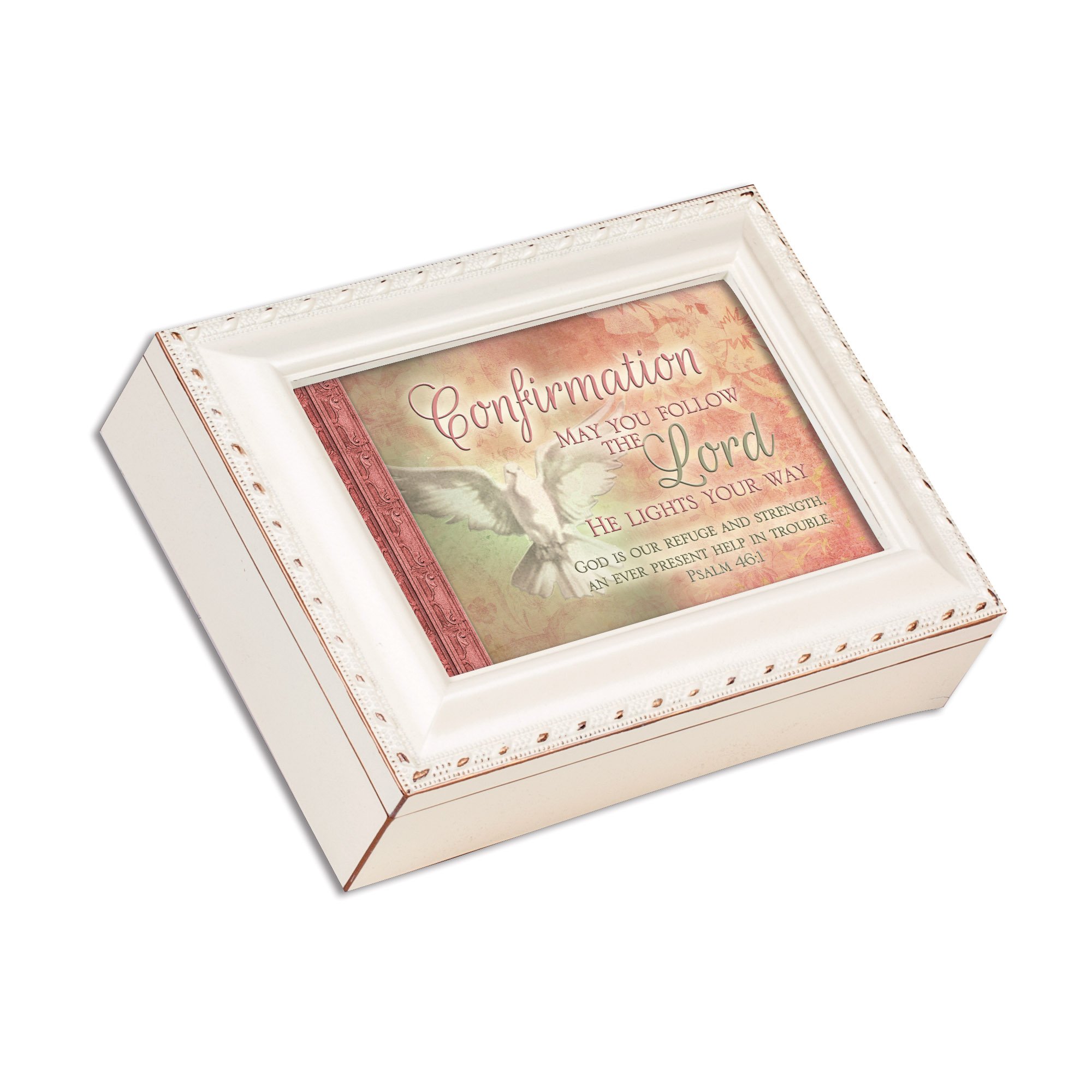 Confirmation May You Follow the Lord Ivory Rope Trim Jewelry Music Box Plays Ave Maria