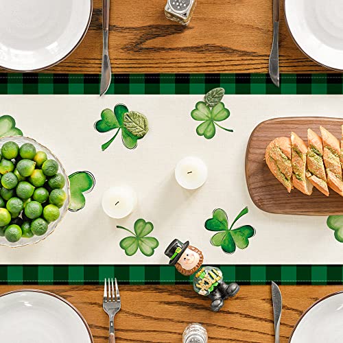 Artoid Mode Buffalo Plaid Gnomes Green Heart Shamrock St. Patrick's Day Table Runner, Seasonal Spring Holiday Kitchen Dining Table Decoration for Indoor Outdoor Home Party Decor 13 x 72 Inch