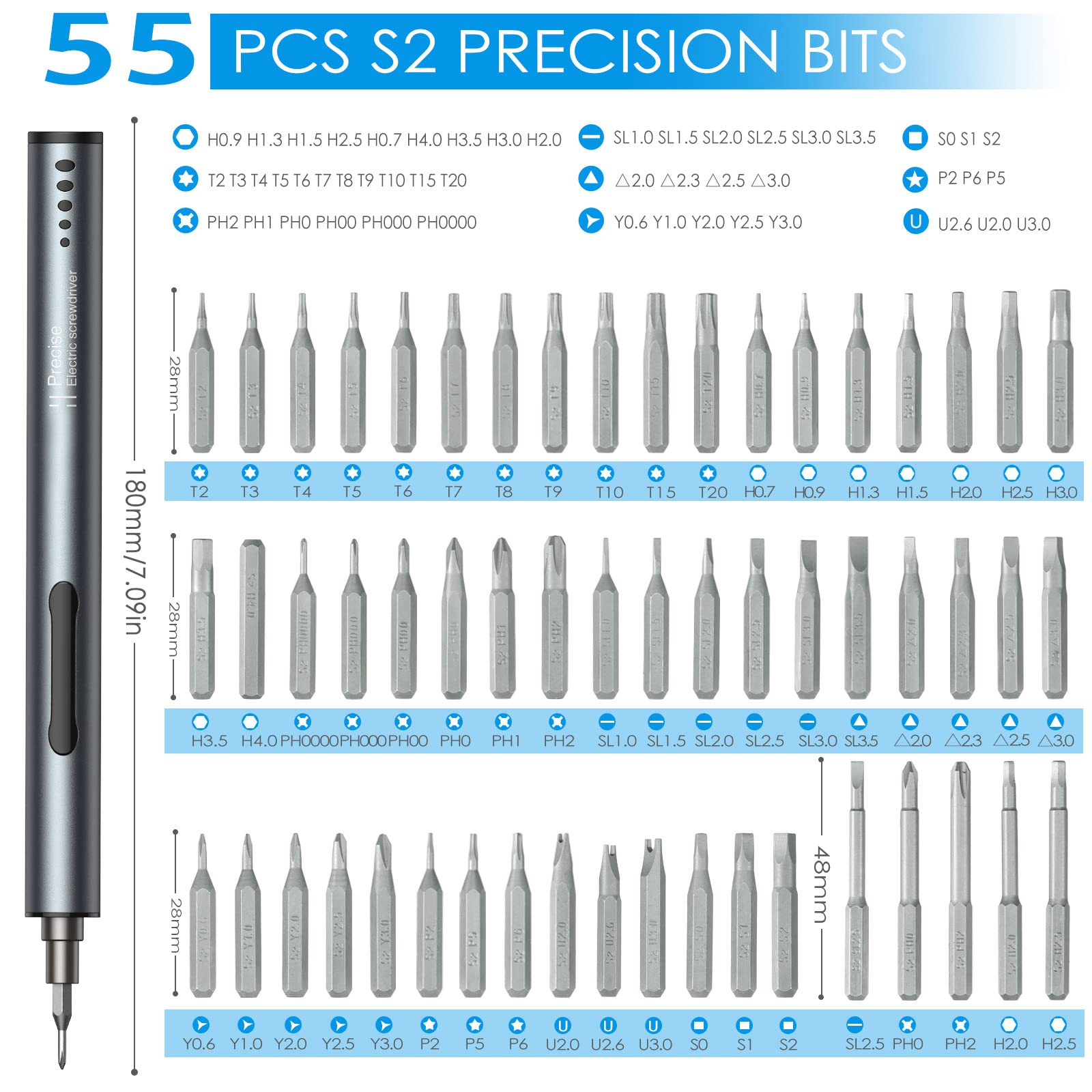 AMIR Mini Electric Screwdriver, 57 in 1 Rechargeable Power Screwdriver Set Magnetic Repair Tool Kit with 3 LEDs & USB Cable for Phone, Watches, Toys, Laptops, Camera
