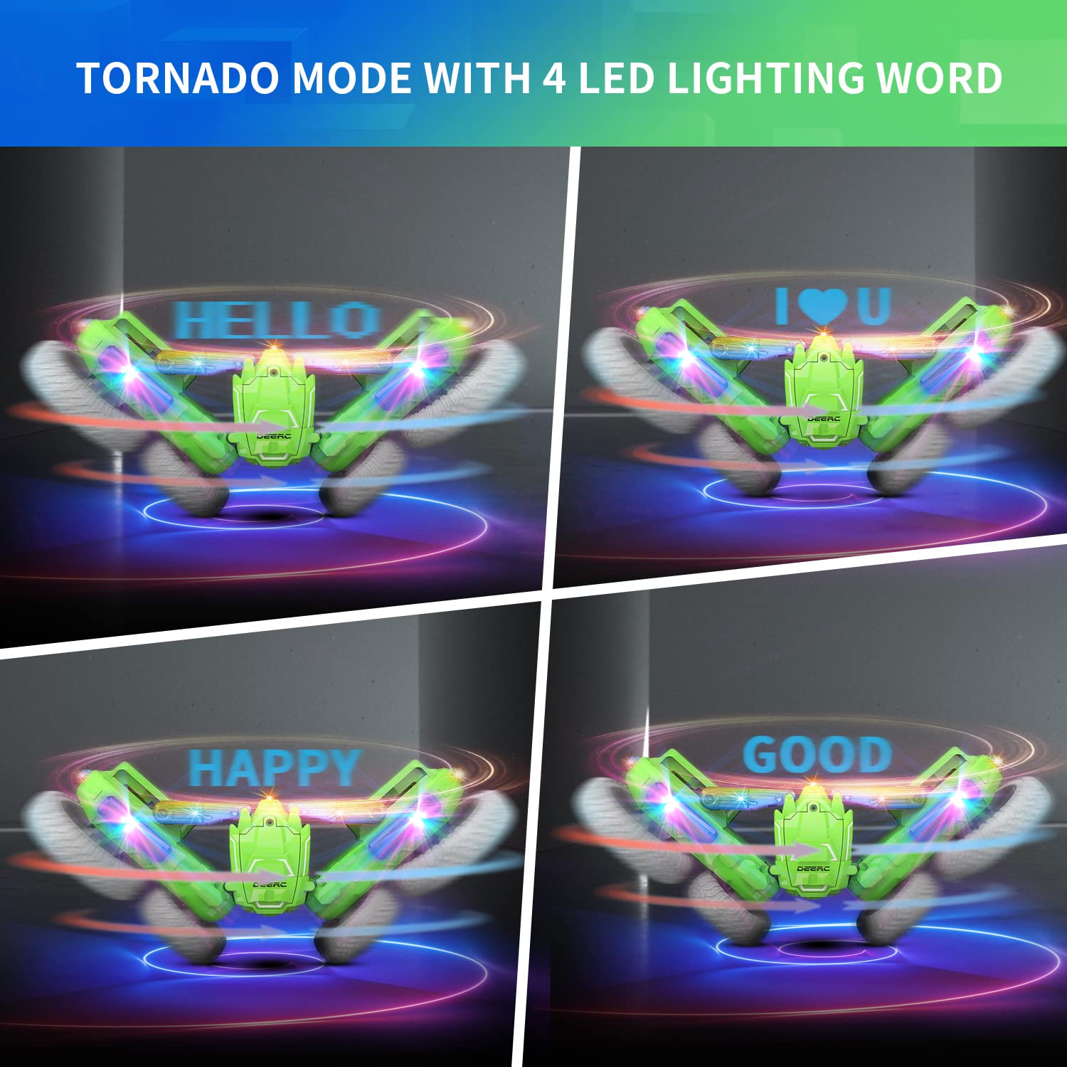 DEERC RC Stunt Car W/Flashing Lights,360 Degrees Tumbling & Rotating W/Novelty Luminous Words,4WD Drift High Speed RC Car,2 Sided Remote Control Car for Boys, 2.4G Crawler Toy Gifts for Kids
