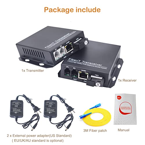 Primeda-tronic 2 Port Telephone and 100Mbps Ethernet Over Fiber Converters 1 Set - 2 Phone Lines POTS Over Fiber Optic,SC Single Mode 20Km and Multimode 500m, Support Called id, Ring and Fax
