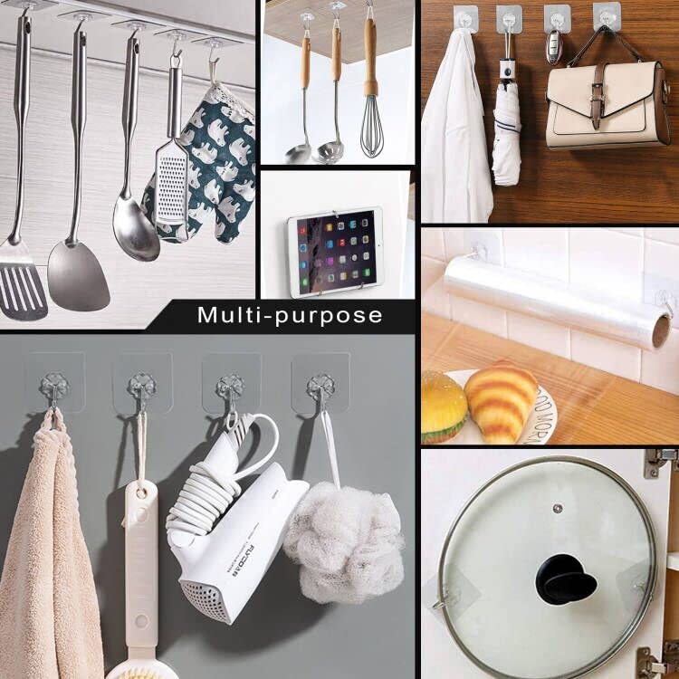 Adhesive Hooks for Hanging, Stainless Steel 16 Pack Sticky Wall Hooks 22lb(Max) Removable, Heavy Duty Self Adhesive Hooks Waterproof Oilproof for Bathroom Shower Kitchen Outdoor Towel Keys, Clear