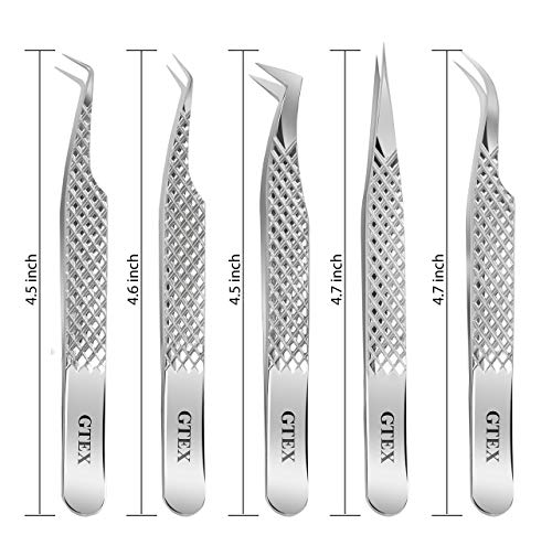 GTEX Lash Tweezers For Eyelash Extensions Tweezers Set of 5, Japanese Stainless Steel, Straight Curved 45 90 Degree Volume Eyelash Tweezers - SILVER