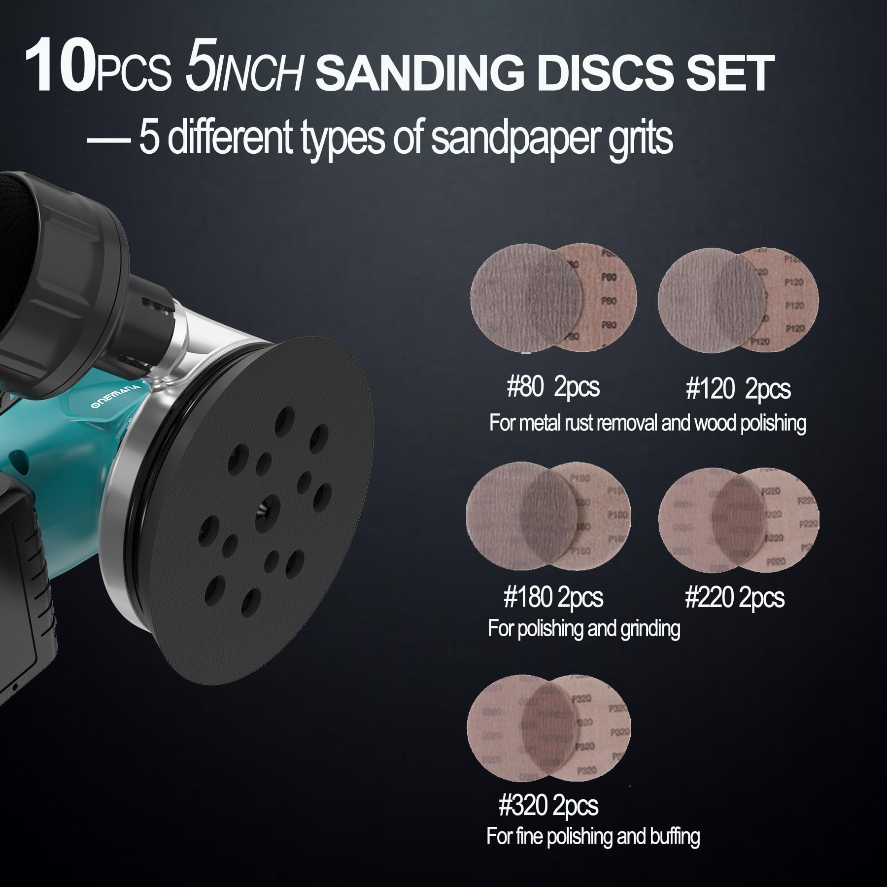 ONEMANA Orbital Sander 5-inch Palm Sander 20V Brushless Cordless Electric sander 7 Variable Speeds Hand Sanders for Wooding and Sanding With 10 Sanding Papers,Dust Collection Bag,Tool Only
