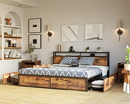 LIKIMIO King Bed Frame with Storage Drawer, 2-Tier Storage Headboard with Charging Station, No Box Spring Needed, Easy Assembly, Vintage Brown