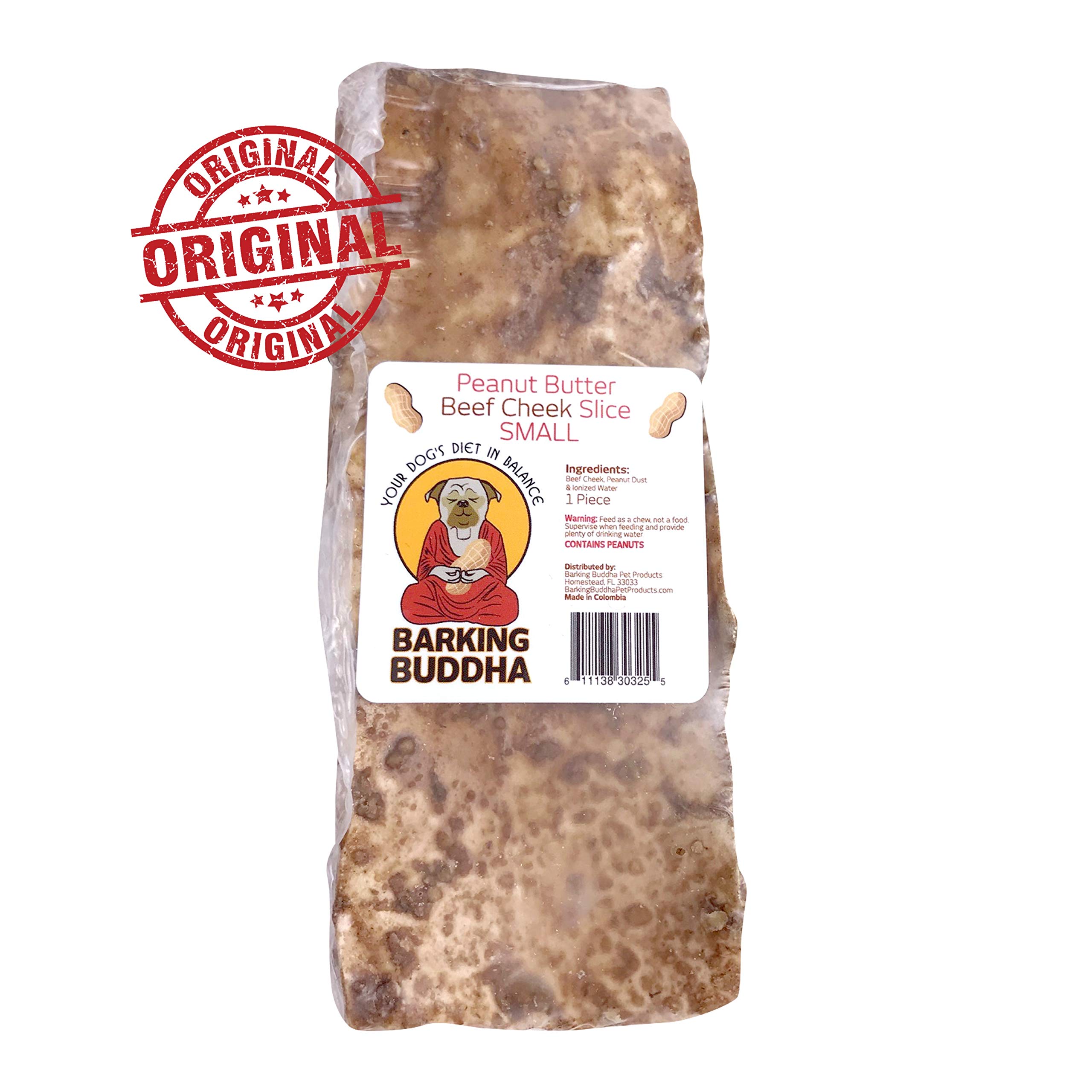 Barking Buddha Beef Cheek Slices | Premium Dog Chews | Extra Thick, All Natural, No Additives, Gluten Free | Peanut Butter - Small 5β-6β - 15 Pack