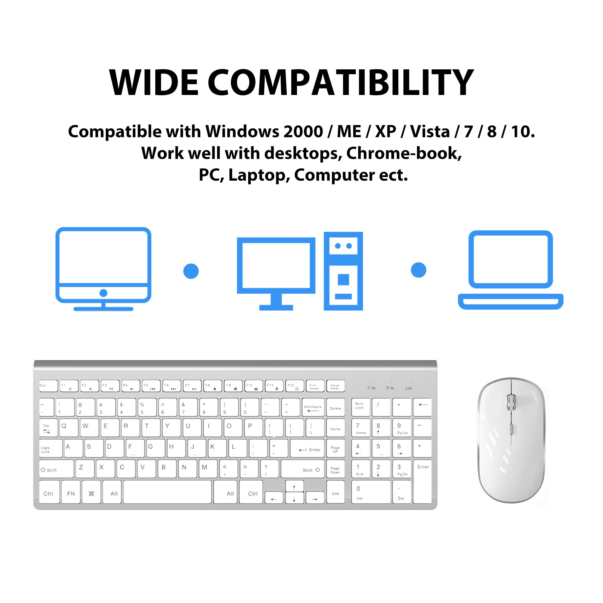 Wireless Keyboard Mouse, JOYACCES 2.4G Compact and Ultra Slim Wireless Keyboard and Mouse for Windows, Computer, Desktop, PC, Laptop-Sliver
