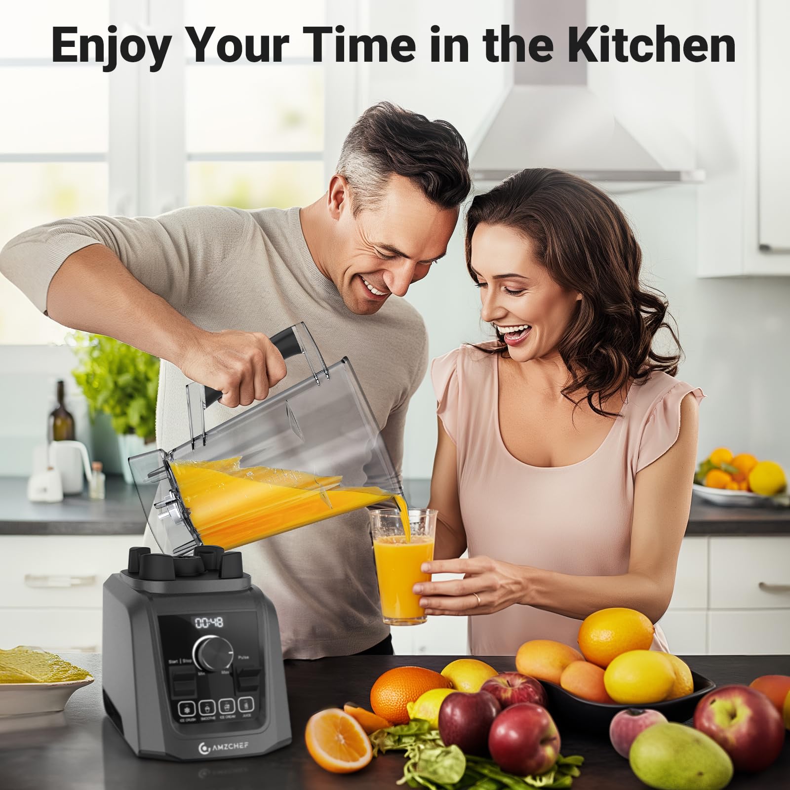 Amzchef 1200W Blenders for Kitchen, 4 Preset Menus for Shakes and Smoothies, Puree, Crush Ice & Hearty Soups with Infinitely Variable Speed & Pulse, 68 oz. Pitcher - Black