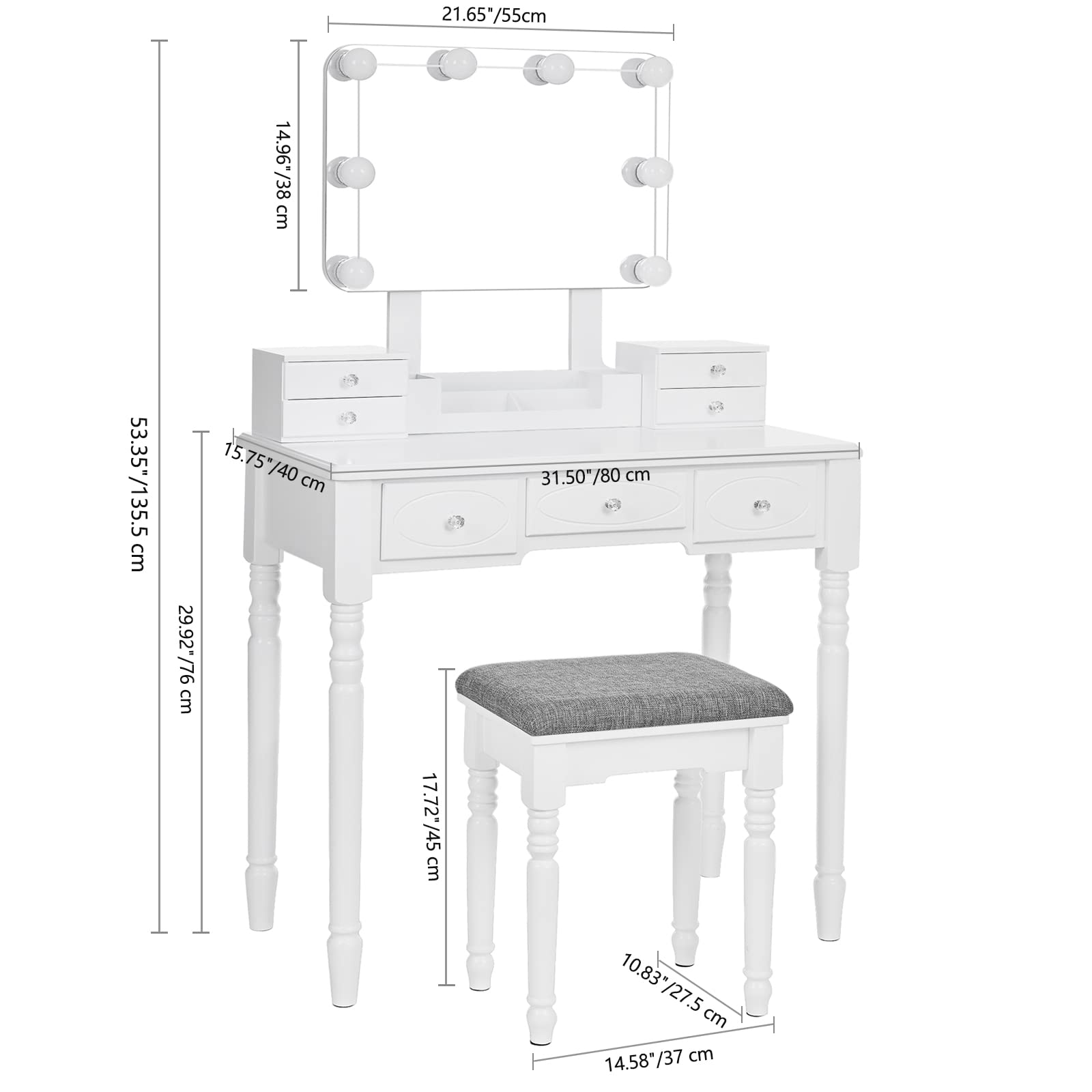 ANWBROAD Makeup Vanity Desk Vanity Set with Lighted Mirror Makeup Vanity Desk Table Set Large 8 LED Bulbs Frameless Mirror 3 Colors Modes Dimming 7 Drawers Cushioned Stool 3 Dividers White UBDT03W