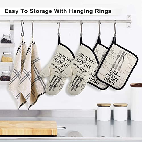 Warome Oven Mitts and Pot Holders Sets, 572°F Heat Resistant Oven Mitts with Soft Cotton Kitchen Towels, Multi-Function Kitchen Potholders with Pockets, Cute Hot Pads and Long Oven Mitts(6pcs)