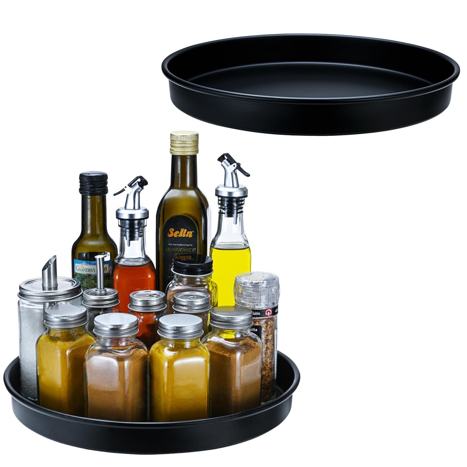 Amolliar 10" 2 Pack Lazy Susan, Non-Skid Rotating Metal Turntable Organizer for Cabinet, Kitchen, Fridge, Pantry Storage, Vanity, Bathroom, Spice Rack for Condiment Organizer, Farmhouse Decor, Black