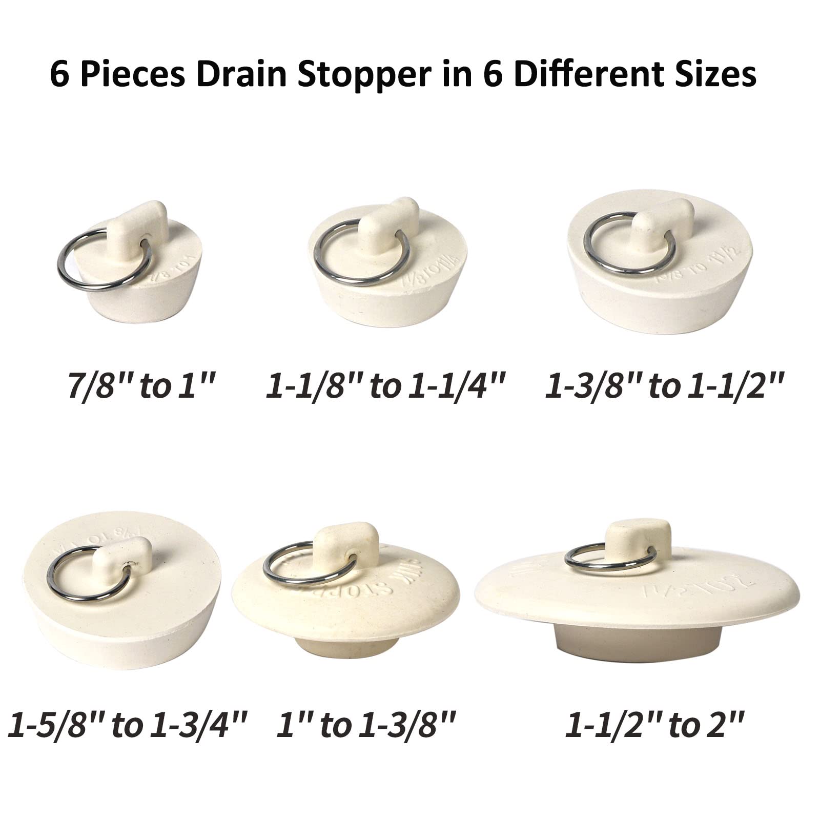 6 Pieces Rubber Sink Stopper, Drain Stopper Bath Tub Stopper with Pull Ring, Kitchen Drain Plug Sink Plug, Bathroom Bath Plugs, 6 Sizes(White)