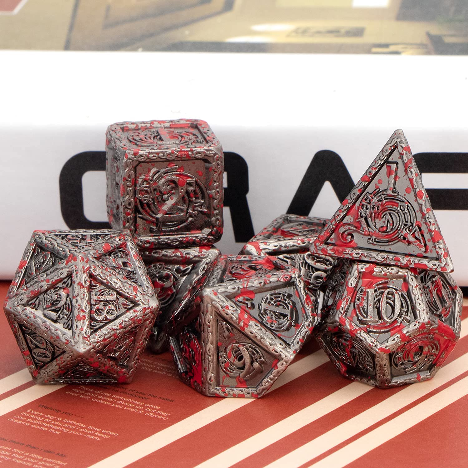D&D Dice Set for Dungeons and Dragons, RUNFNG 7PCS Metal DND Dice Set D20 D12 D10 D8 D6 D4 D%, Blood Spatter D and D Polyhedral Dice Set for RPG Role Playing Table Game, Warhammer with Gift Box…
