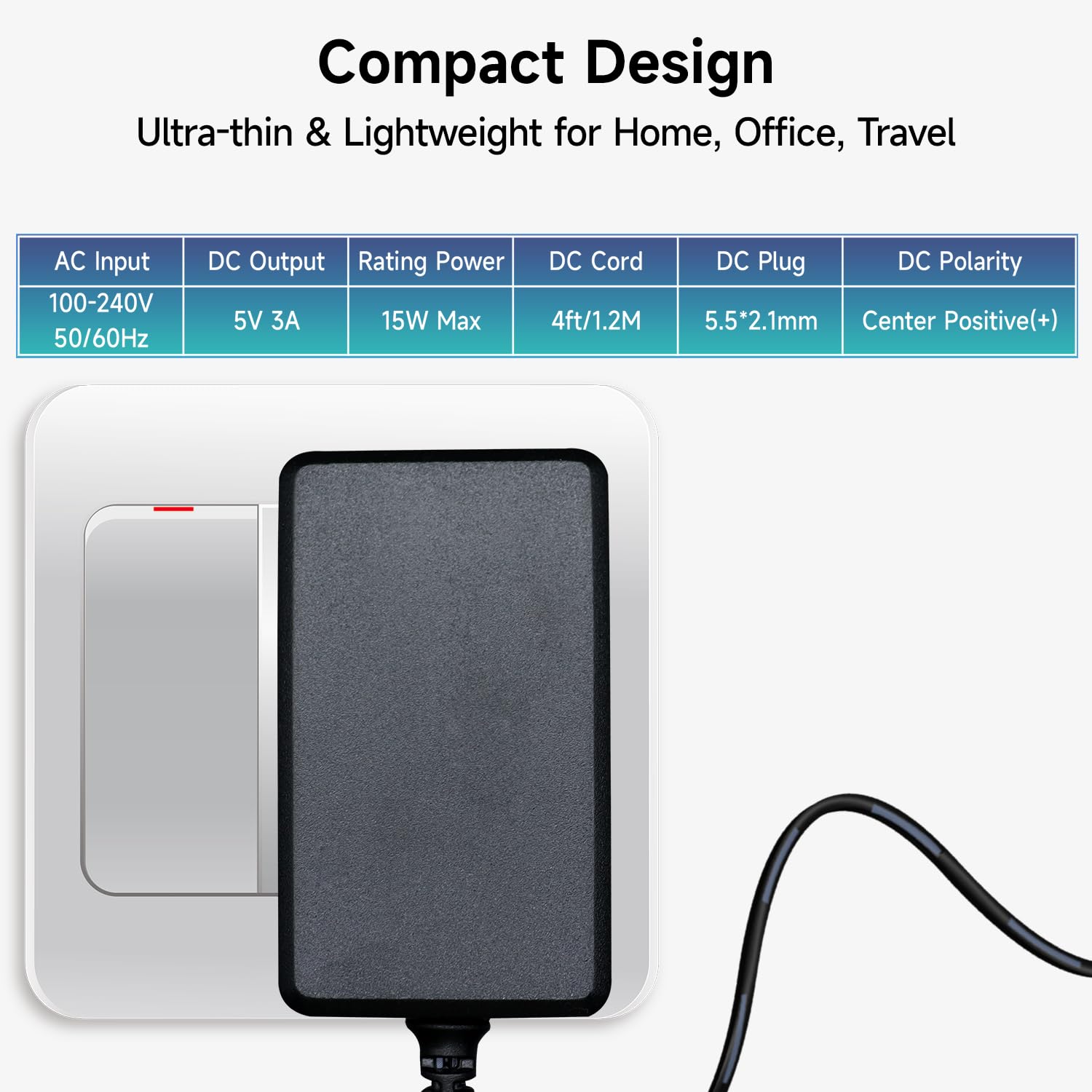 5V 3A/3000mA DC Universal Power Supply Adapter, 100-240V 50/60Hz AC to DC 15W Wall Charger for Router, CCTV Camera, Speaker, Power Bank, E-Reader, USB Fan and More 5V Devices Less Than 15W, ETL FCC