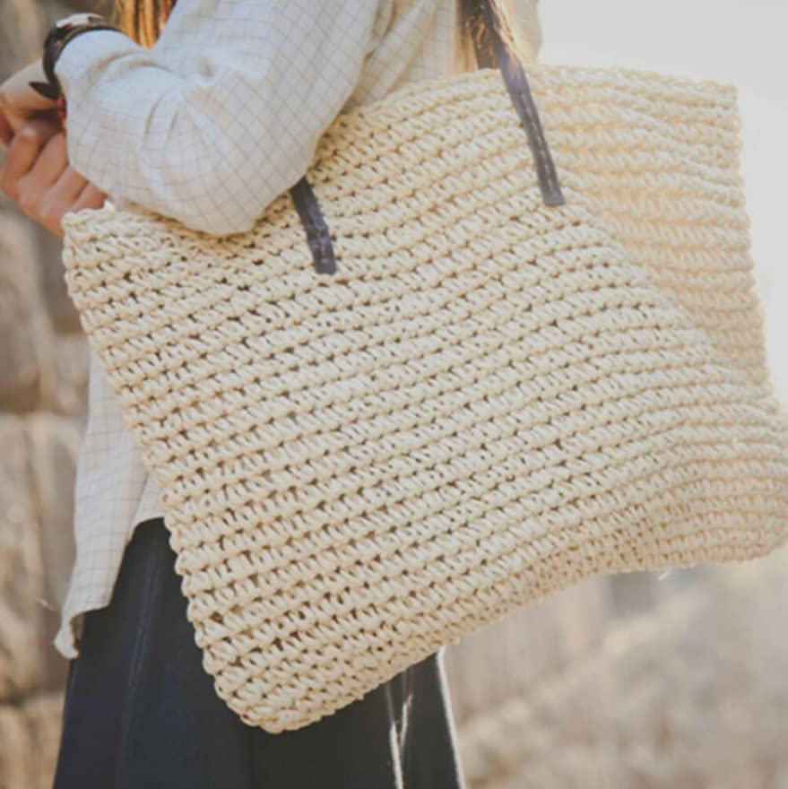 COOKOOKY Straw Beach Bag Summer Handmade Woven Shoulder Tote Bags Purse for Women (Square Khaki Bag)