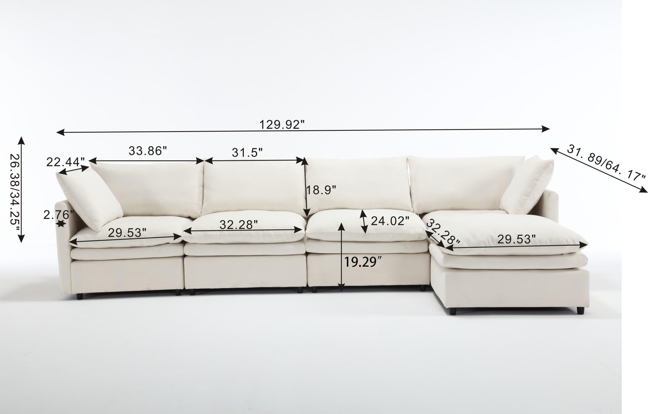 VASOENY 130 X 64.2'' Modular Sectional Couch, 5 Seat Upholstered L Shaped Sofa Couch, Modern Corner Sofa Couch with 6 Pillow for Living Room, Office, Convertible Chaise Lounge