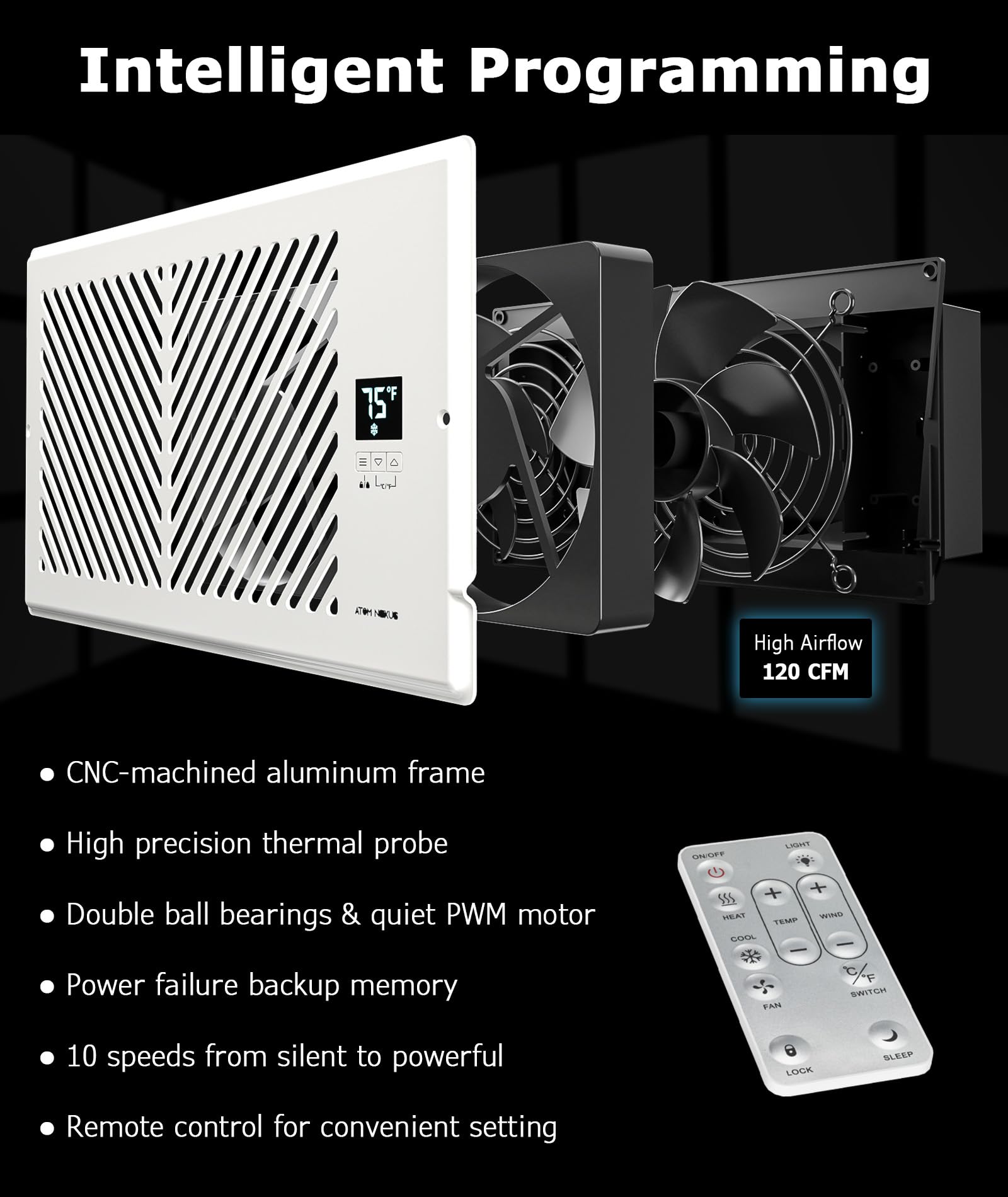 ATOM NEXUS AirBlaze Z6, Quiet Register Booster Fan Fits 6βx12β Register Holes, Smart Vent Booster Fan with Thermostat Control & Remote Control, 10-Speed Control Heating Cooling AC Vent Fan (White)