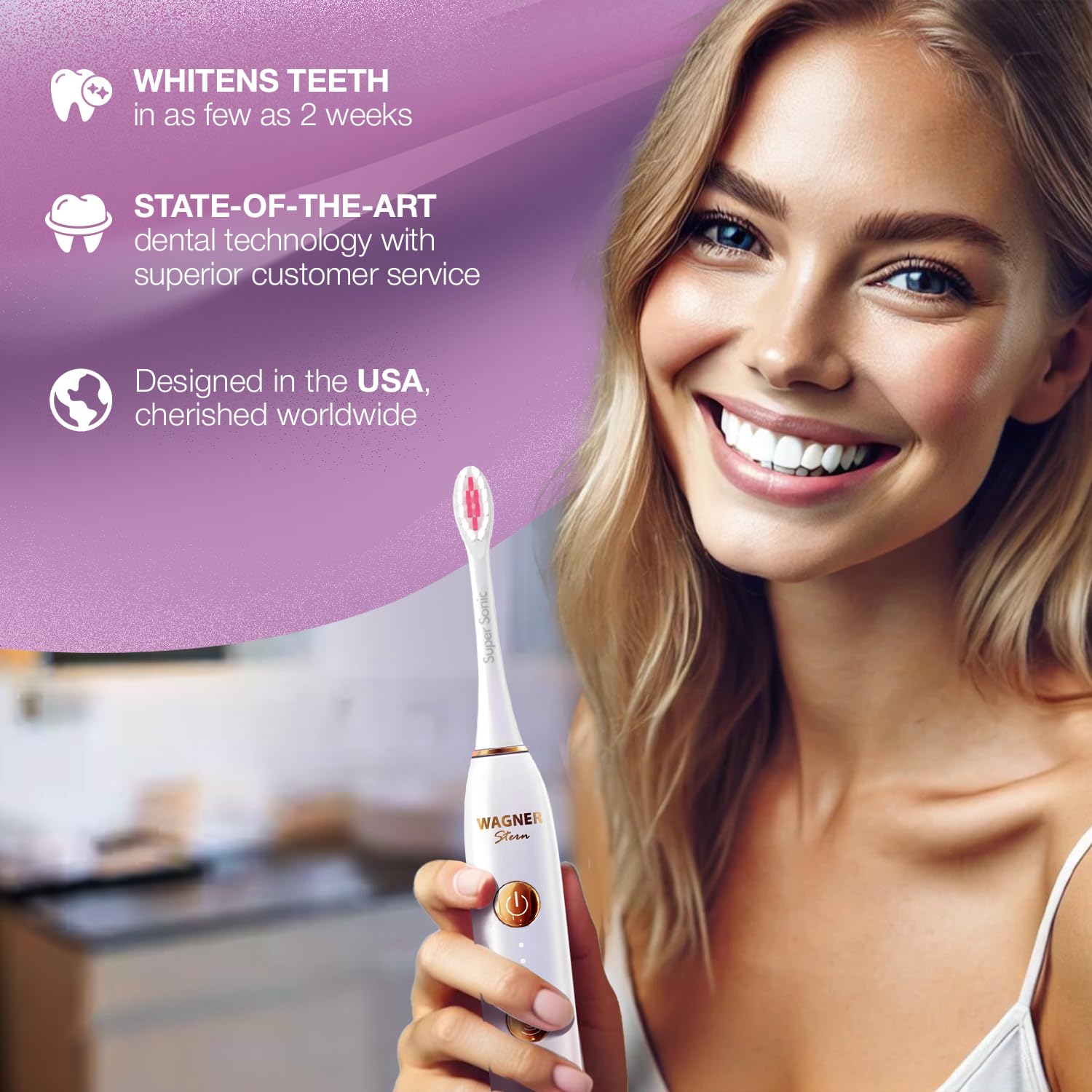 Wagner Stern WHITEN+ Edition. Whitening Electric Toothbrush with Pressure Sensor. Offers 5 Brushing Modes, 3 intensities, 8 Soft Brush Heads, and a Luxury Travel case.