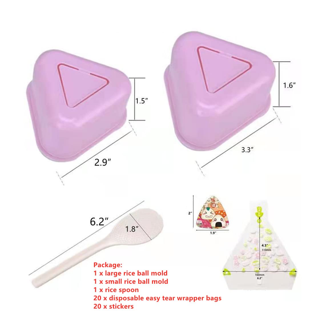 Aesumta Triangle Onigiri Mold,2 Pcs Sushi Mold ,Onigiri Mold Set with Wrapper Bags & Stickers for Bento Home DIY Sushi Making Kit (pink)