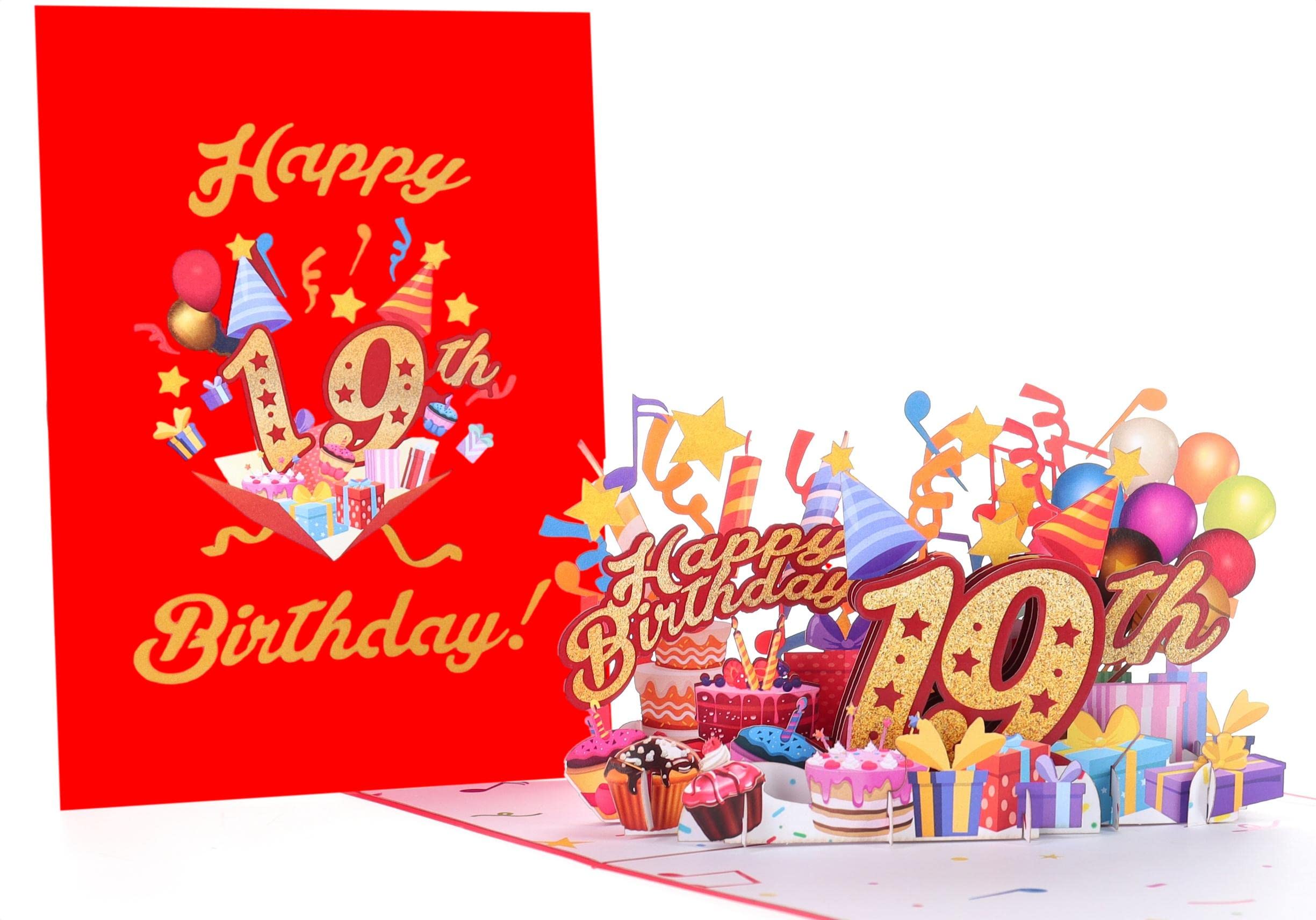 iGifts And Cards Happy 19th Red Birthday 3D Pop Up Greeting Card – Awesome 19 Birthday Card Son, Daughter, Turning Nineteen Birthday Gift Granddaughter, Grandson, Unique Present, 5" X 7"