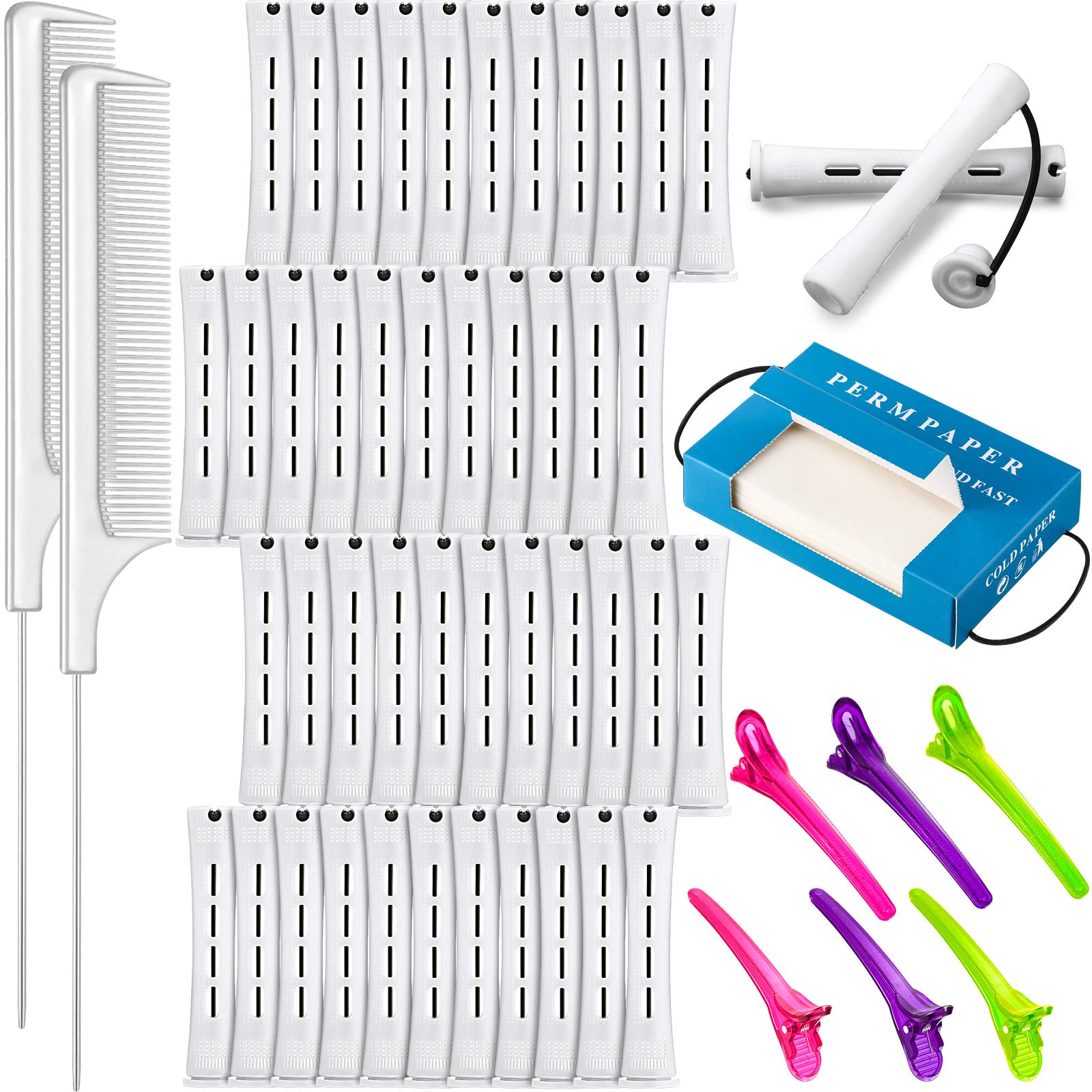 WILLBOND Hair Styling Kit: 48 Hair Perm Rods Plastic Cold Wave Rods, 2 Steel Pintail Combs, 350 Perm Papers, 6 Duck Bill Clips for Hairdressing Styling(White)