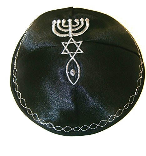 Holy Land Market Satin Kippah with Messianic Sign Embroidered (Black with Silver Knitting)