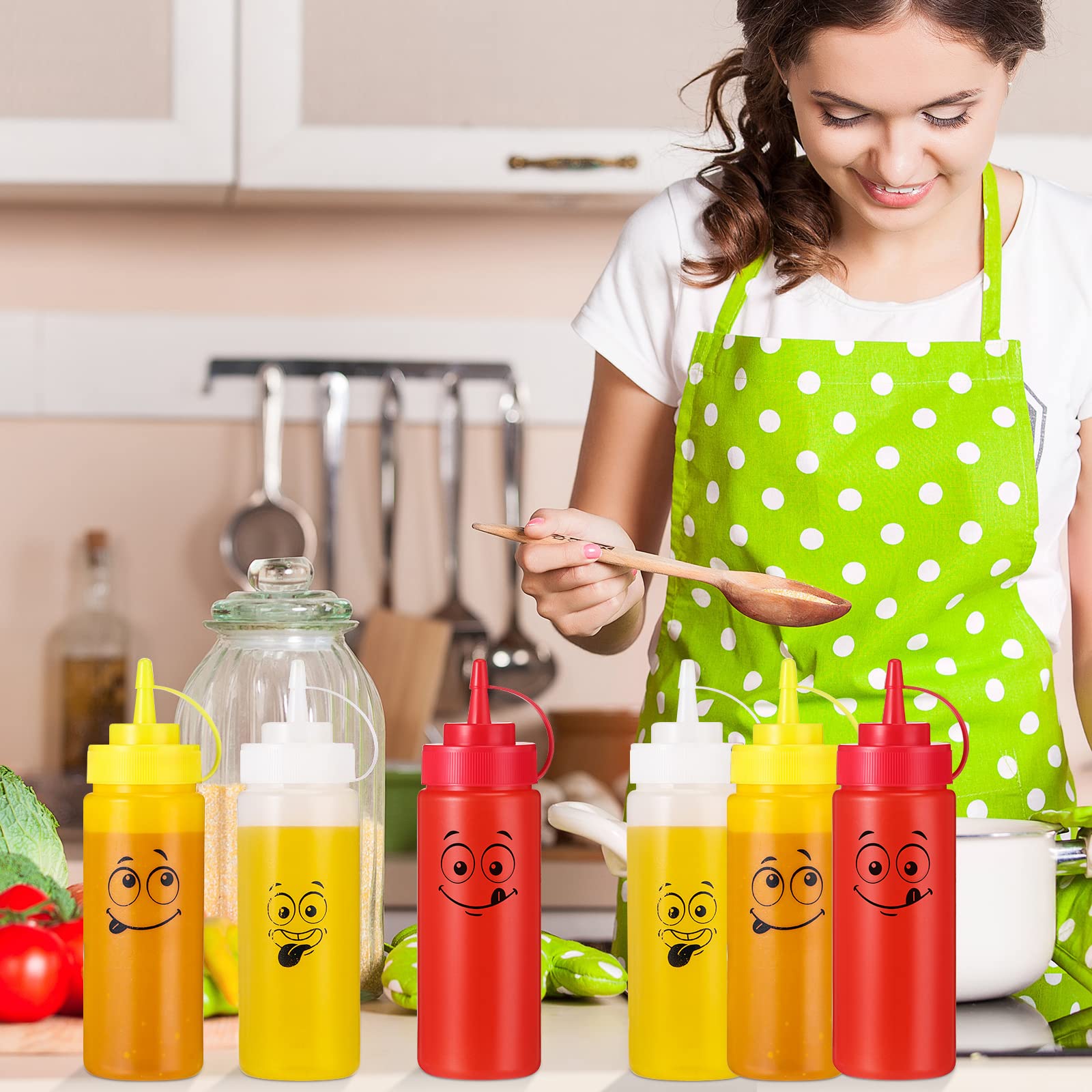 6 Pieces Smile Faces Squeeze Bottles, Condiment Sauces Squeeze Bottles, Ketchup and Mustard Dispenser for Hot Dog Party Mayo Dressing Red Yellow and White, 12 oz