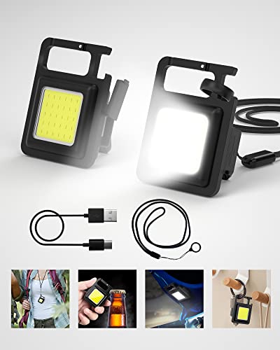 ALANTOP 800 Lumen COB Keychain Flashlight - Rechargeable Mini LED Pocket Light with 4 Light Modes, Magnet Base, and Folding Bracket with Bottle Opener - for Camping, Hiking, and Emergencies (2-Pack)