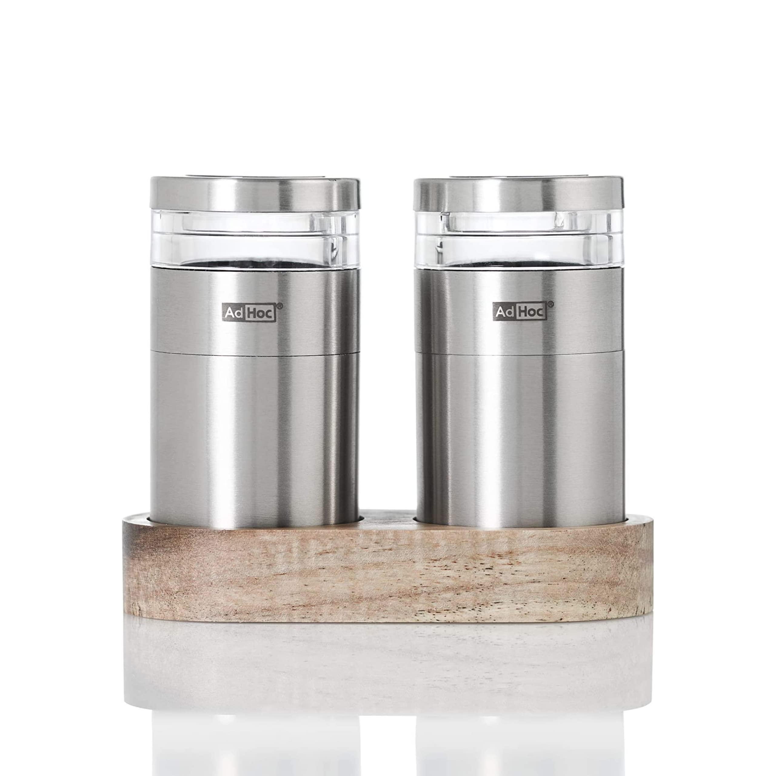 Adhoc Menage Molto Pepper and Salt Mills - Adjustable Salt & Pepper Grinders with a Wooden Carrying Tray - Refillable Spice Tools - Hand Wash Kitchen Tool - Stainless Steel, 5"