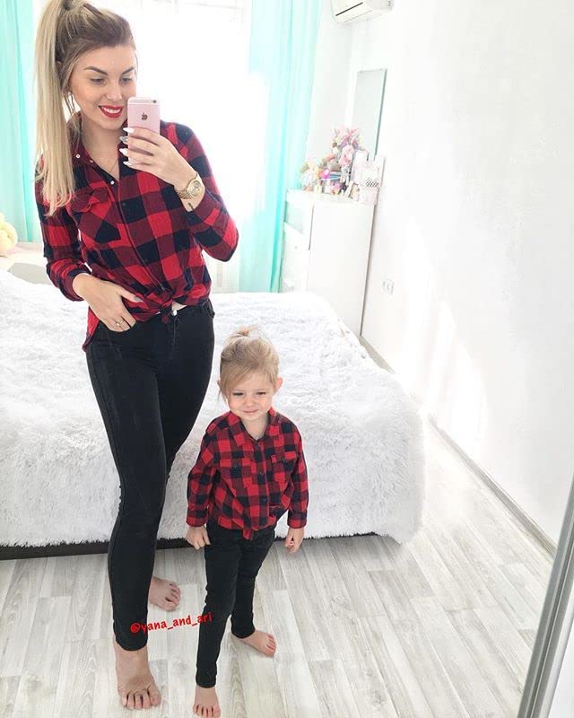 Toddler Baby Boys Girls Flannel Plaid Shirt Long Sleeve Lepel Button Down Back Letters Print Shacket Coat Top (Red Kick It with Mom,1-2 Years)