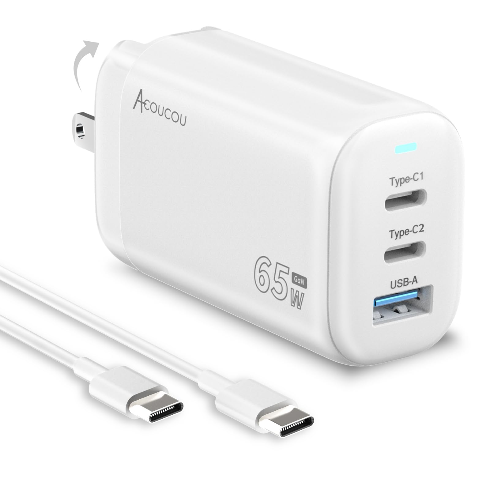 65W USB C Charger 3-Port GaN Fast Charger USB-C Block Acoucou Compact Foldable USB Wall Charger with 5ft Type-C Cable for Laptop, Dell XPS, Phone 15/14/13, tablet, Galaxy S23, Pixel 7, Steam Deck