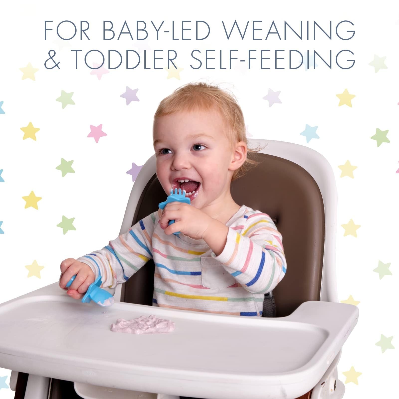 Elli&Nooli Baby Self Feeding Utensils Toddler Eating Utensils Baby Forks for Self Feeding, BPA Phthalates-Free, Dishwasher and Sterilizer Safe, Blue