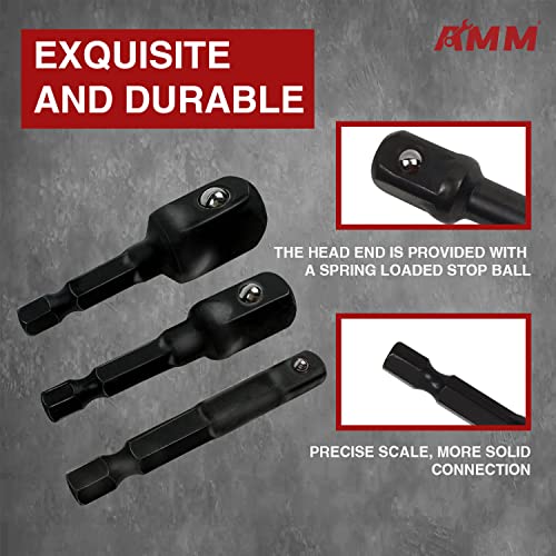 AMM Power Drill Sockets Adapter Sets,3-Piece Hex Shank Impact Driver Socket Adapter, Socket to Drill 1/4" 3/8" 1/2" Adapter