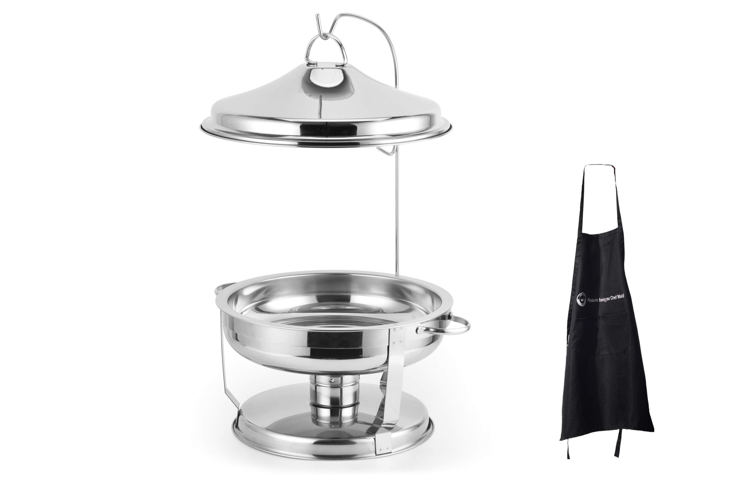 6 Qt Round Chafing Dish With Hanger Stainless Steel Chafer Set And Apron, Buffet Food Warmer Durable, Shiny Silver, Keeps Food Warm In All Catered Events